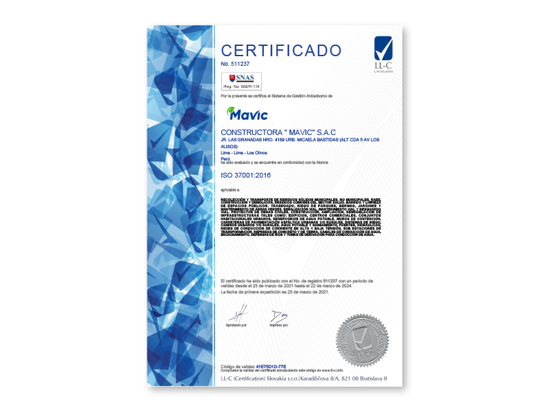 Constructora Mavic SAC, certificada por la norma ISO 37001 Sistema de ...